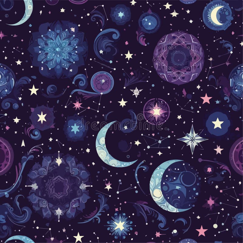 Mystical Celestial Seamless Pattern – Moon, Stars, and Mandala Stock ...