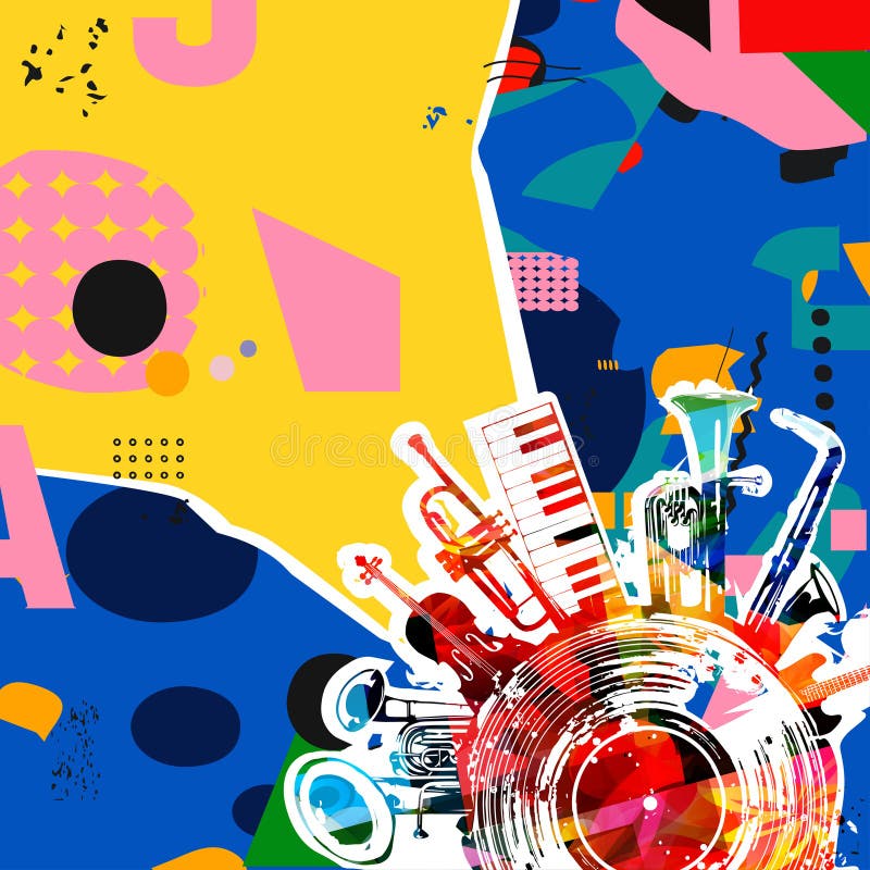 Music Background with Colorful Music Instruments and Vinyl Record Disc ...