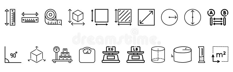 Length, Weight and Volume Line Icons. Contains Such Icons As Ruler, M2 ...