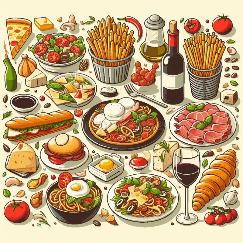 Vector Illustration of Traditional Italian Cuisine: a Feast of Classic ...