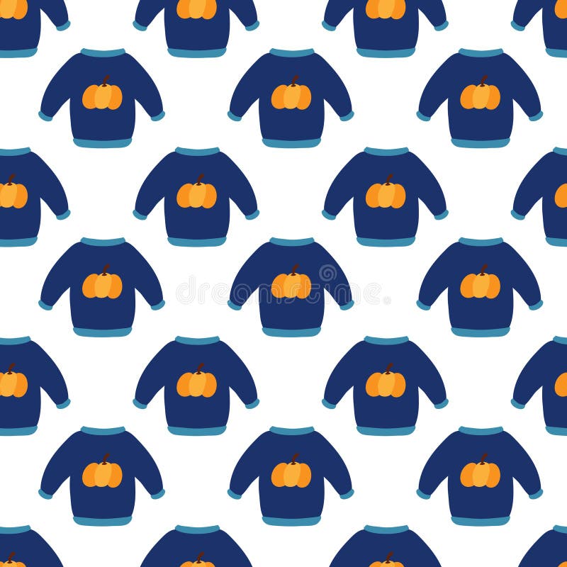 Seamless Pattern. Autumn Blue Sweater with Pumpkin Design. Cozy Fall ...