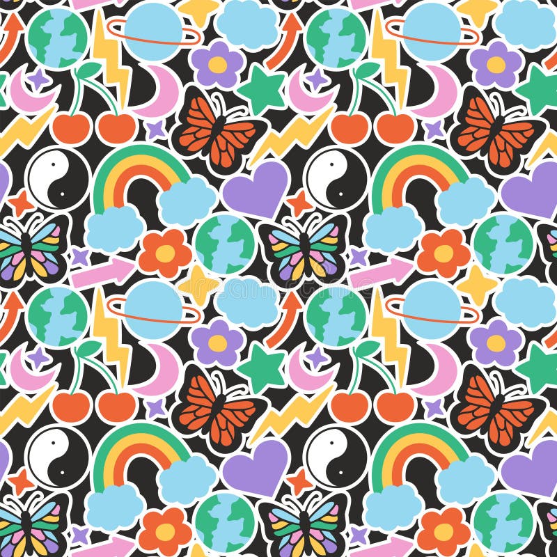Fun Retro Cartoon Sticker Seamless Pattern Stock Illustration ...