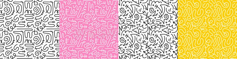 Fun Line Doodle Seamless Pattern Set Stock Illustration - Illustration ...
