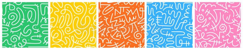 Fun Line Doodle Seamless Pattern Set Stock Illustration - Illustration ...
