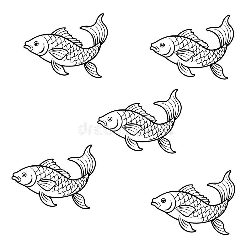 5 Set Fish, Vector Illustration Clipart Coloring Image Black and White ...