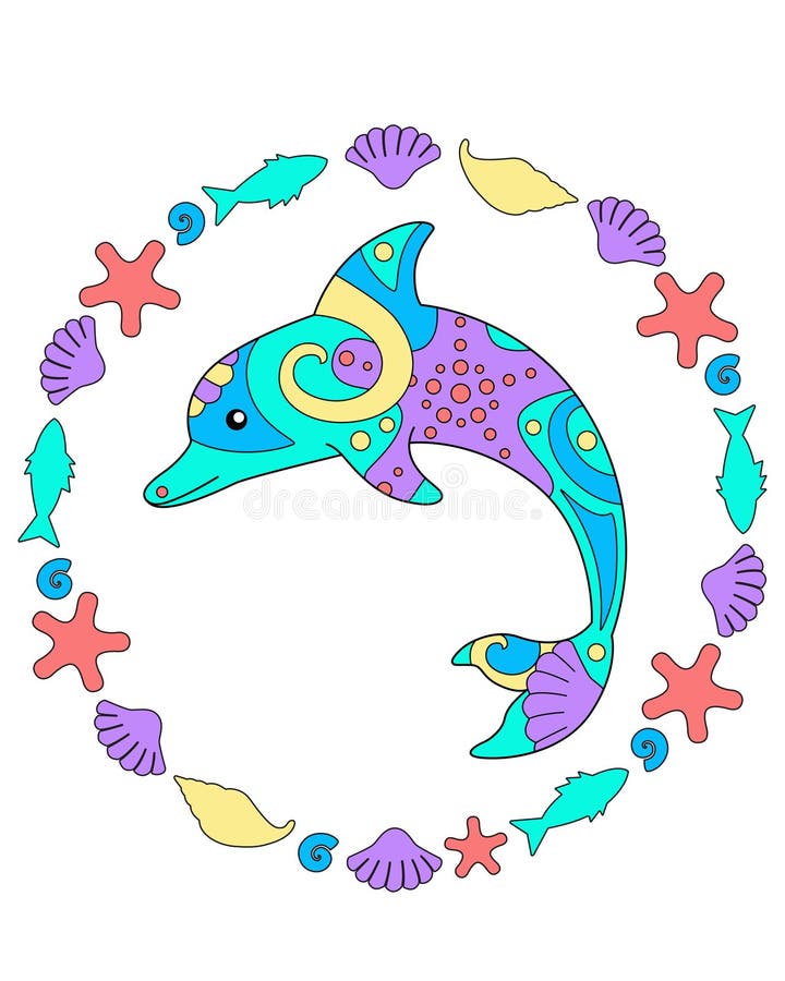 Bright Multi-colored Dolphin in a Frame of Shells - Vector Full-color ...