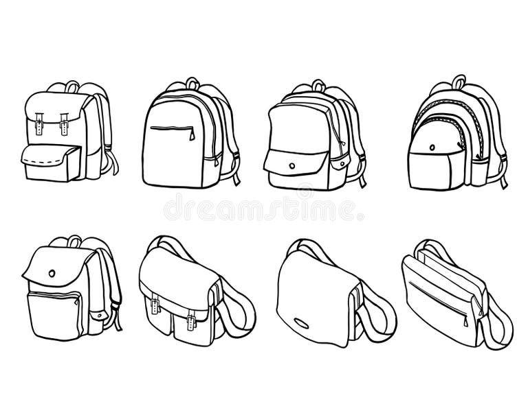 School Bag Line Art Illustration. Hand Drawn School Bag Set Icon Stock ...