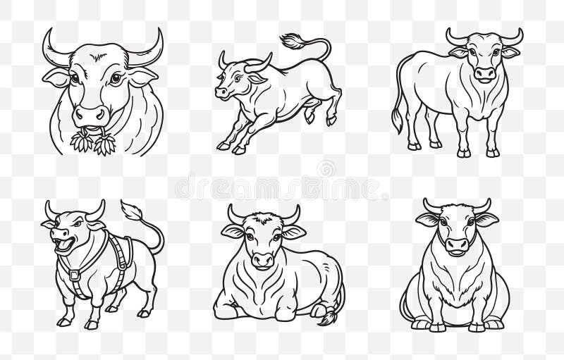 Print Bull Art Vector Set Collection of Stylish Bull Illustrations and ...