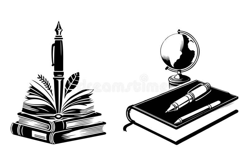 Elegant Book and Pen Silhouettes - Classic Vector Illustrations. Stock ...