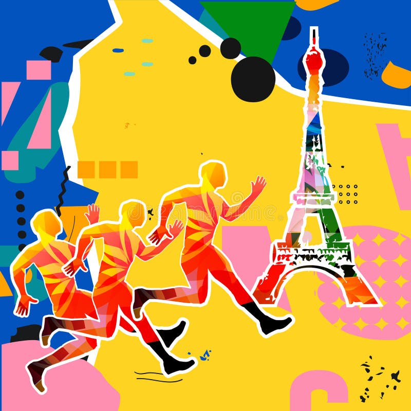 Marathon Run Collage with Abstract Elements and Eiffel Tower. Group of ...
