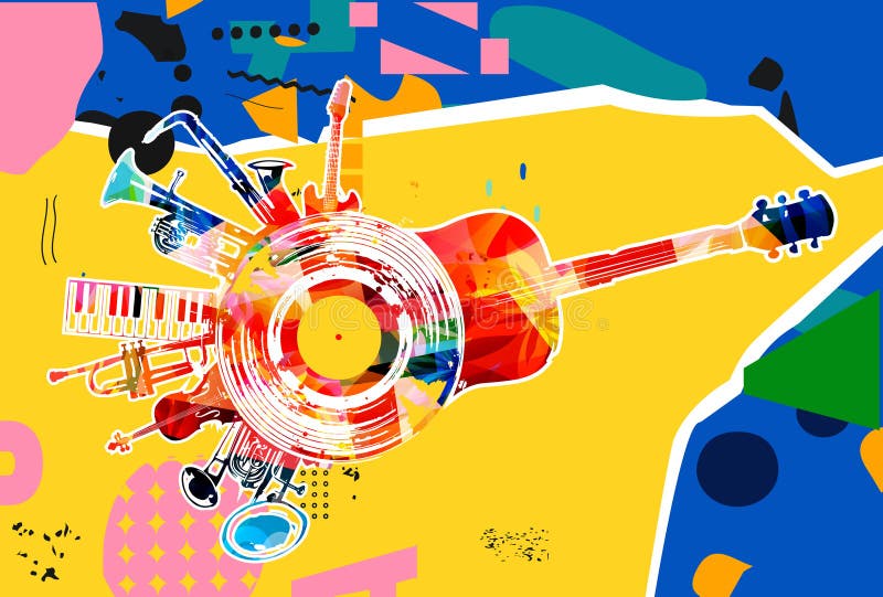 Music Collage Background with Bundle of Musical Instruments. Stock ...