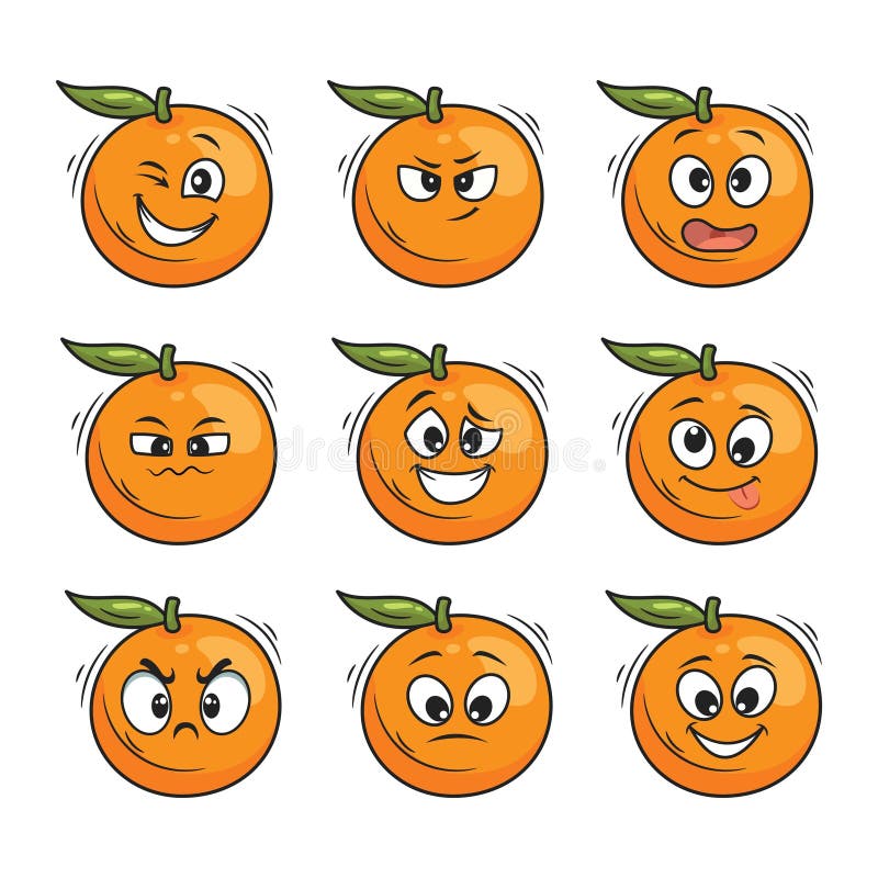Funny Cartoon Orange Fruit Emoticons. Vector Illustration Isolated on ...