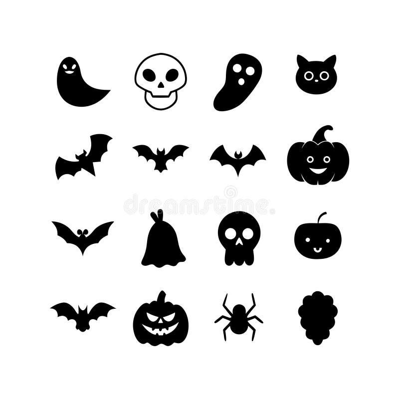 Spooky Silhouette Halloween Hand-Drawn Icons Vector Set. Stock Vector ...