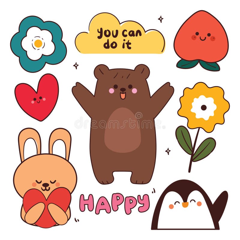 Hand Drawing Cartoon Kawaii Sticker Set Stock Vector - Illustration of ...