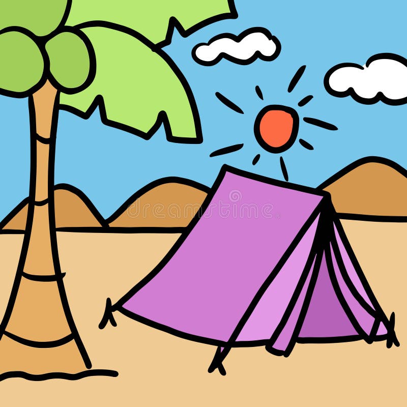Hand Drawn Tent, Mountain, Coconut Tree, Sand, Blue Sky for Summer ...