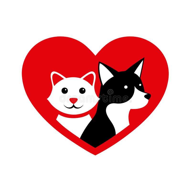 Cat and Dog in a Red Heart Vector Illustration Stock Illustration ...