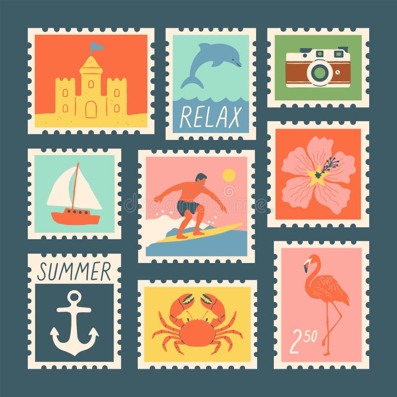 Set of Vintage Summer Post Card Stamp Illustration Stock Vector ...