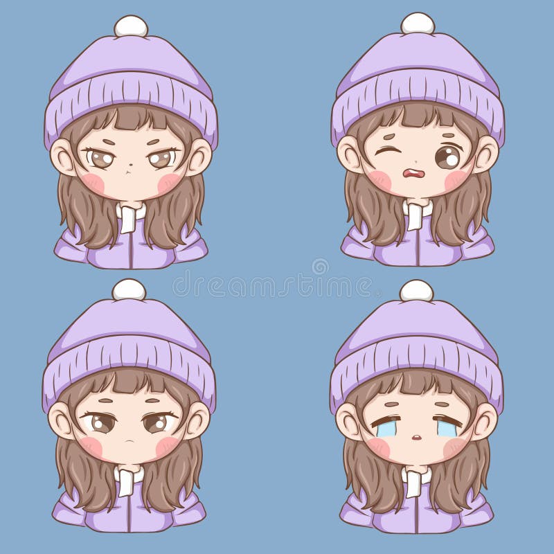 Cute Chibi Girl Facial Expression Bundle Set Stock Vector ...