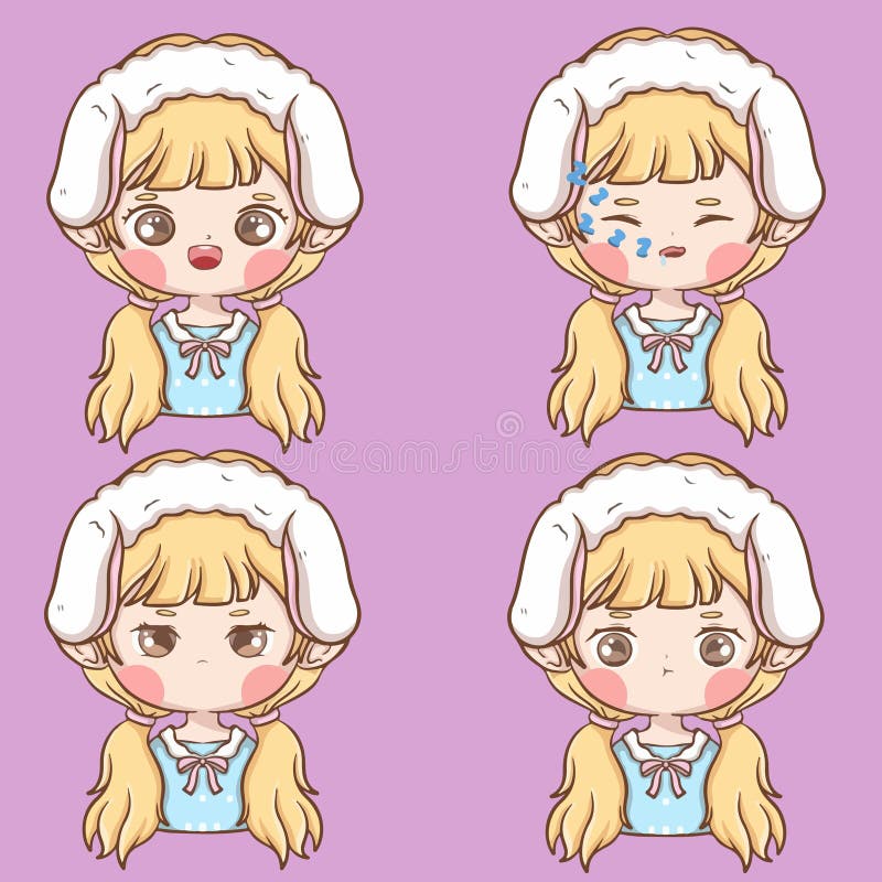 Cute Chibi Girl Facial Expression Bundle Set Stock Vector ...
