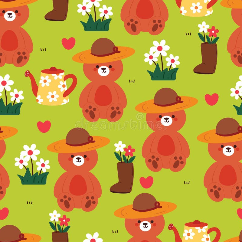 Cute Seamless Pattern Cartoon Bear with Spring Stuff Stock Illustration ...
