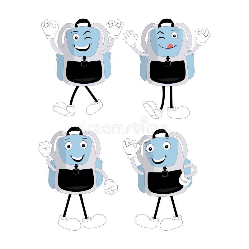 A Set of Cartoon Backpack Mascots with Different Expressions and Poses ...