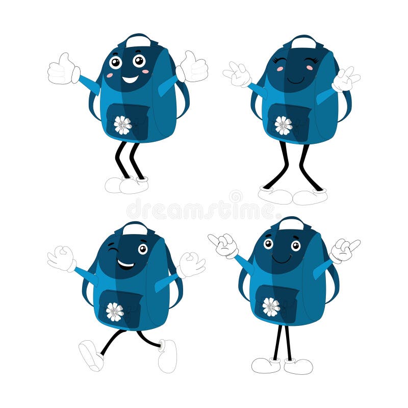 A Set of Cartoon Backpack Mascots with Different Expressions and Poses ...