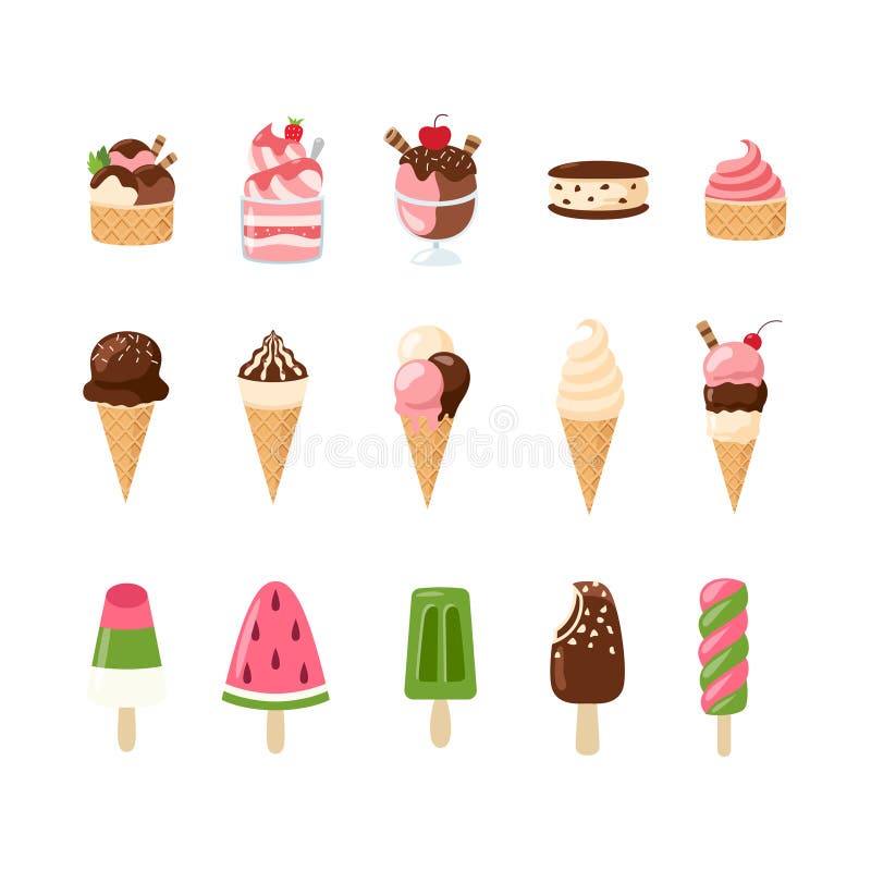 Ice Cream Illustration. Desserts and Sweet Foods Flat Design Icon Set ...