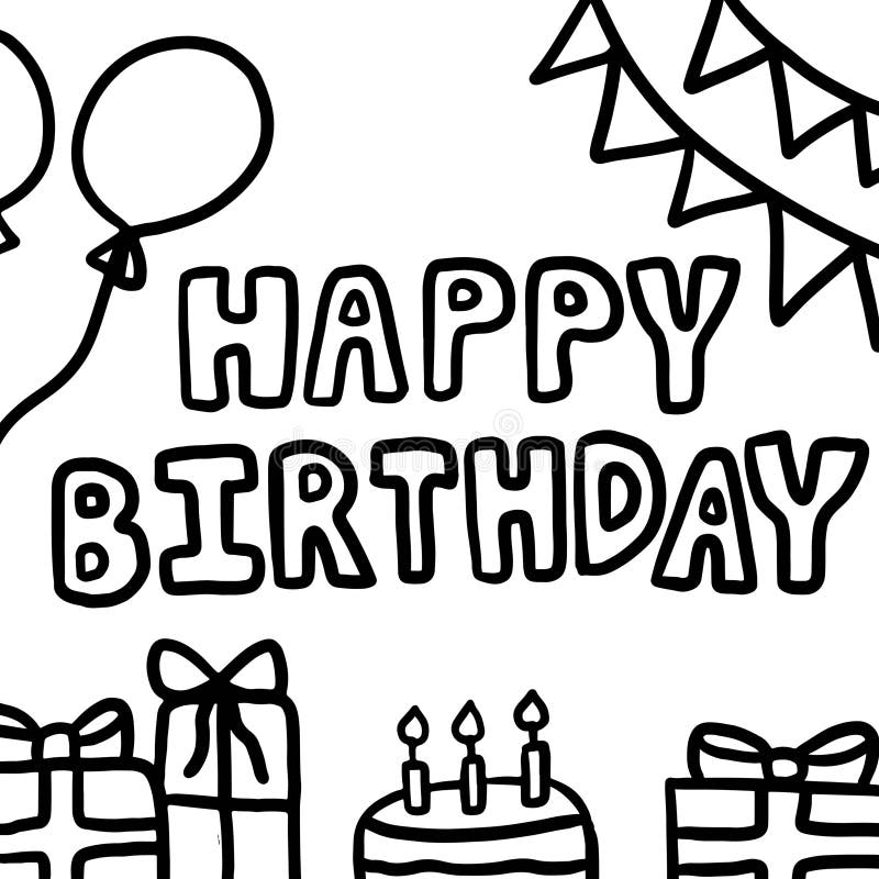 Hand Drawn Outline of Birthday Cake, Candles, Balloons, Gift Boxes ...