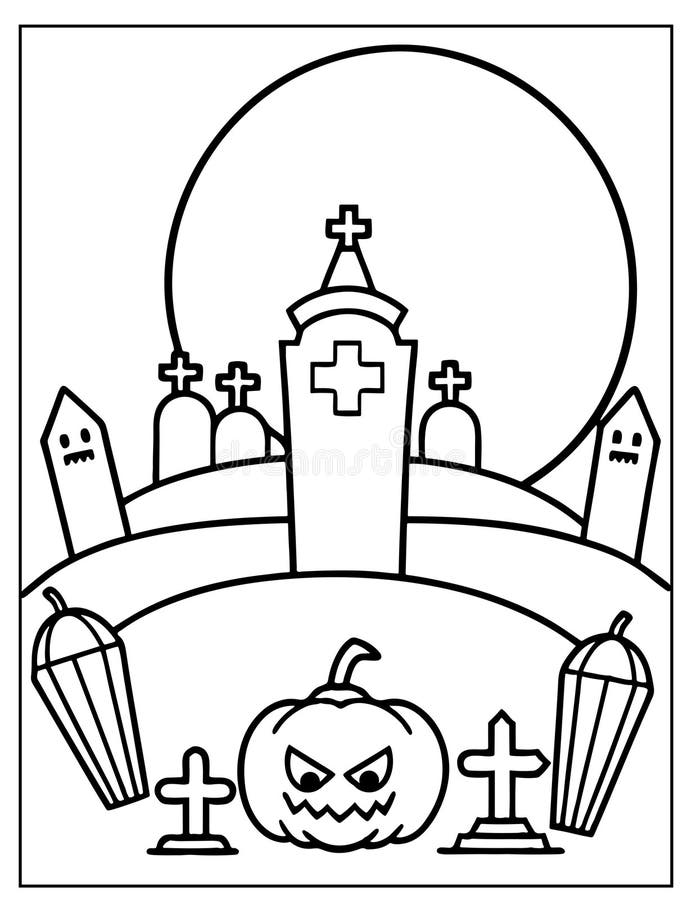 Halloween Graveyard Coloring Page Design, Halloween Vector Design ...