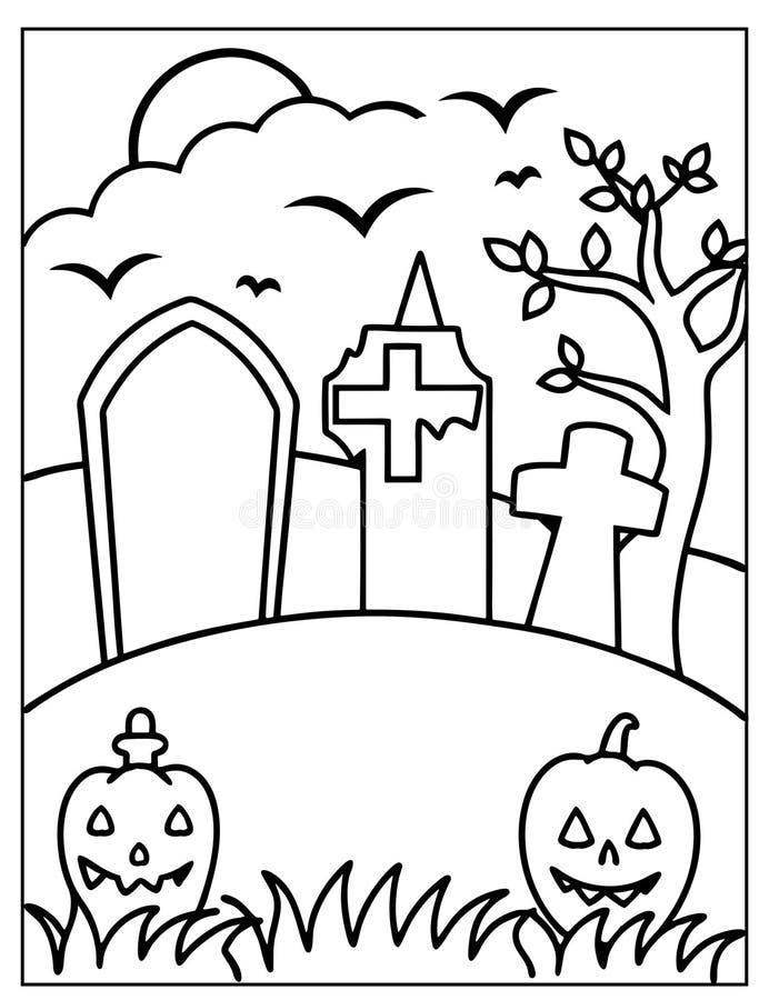 Halloween Graveyard Coloring Page Design, Halloween Vector Design ...