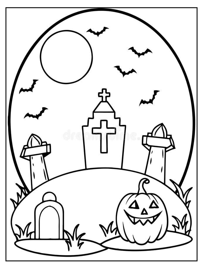 Halloween Graveyard Coloring Page Design, Halloween Vector Design ...