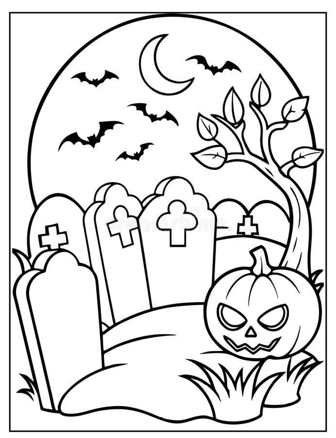 Halloween Graveyard Coloring Page Design, Halloween Vector Design ...