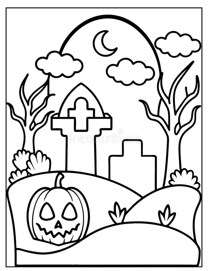 Halloween Graveyard Coloring Page Design, Halloween Vector Design ...