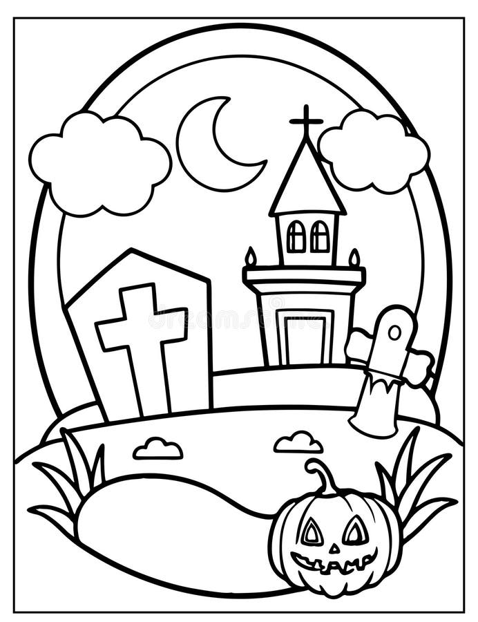 Halloween Graveyard Coloring Page Design, Halloween Vector Design ...