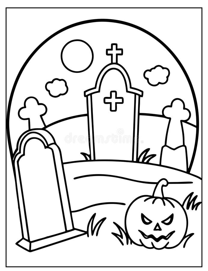 Halloween Graveyard Coloring Page Design, Halloween Vector Design ...