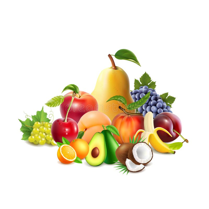 3d Fruit Apple Cherry Avocado Peach Banana Coconut Orange Grapes Stock ...