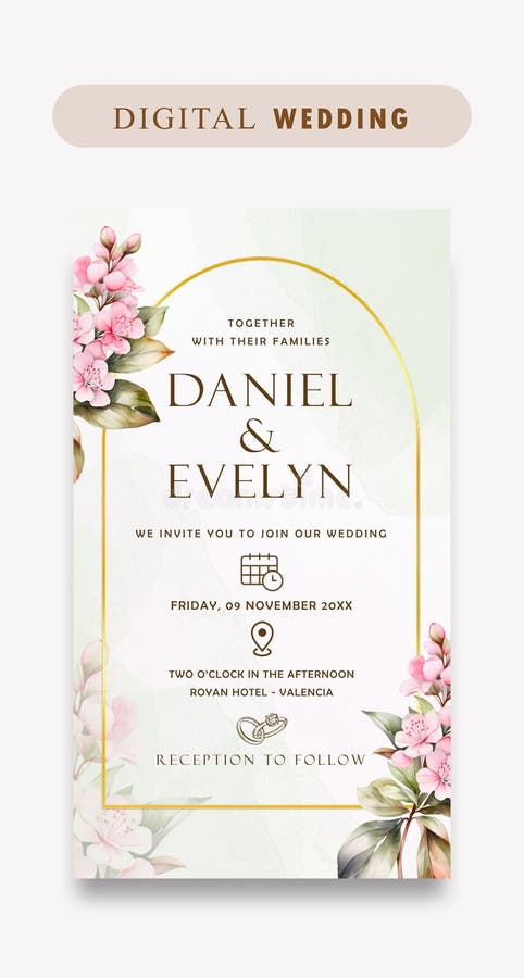 Elegant Electronic Wedding Invitation with Beautiful Pink Watercolor Flowers Stock Vector ...