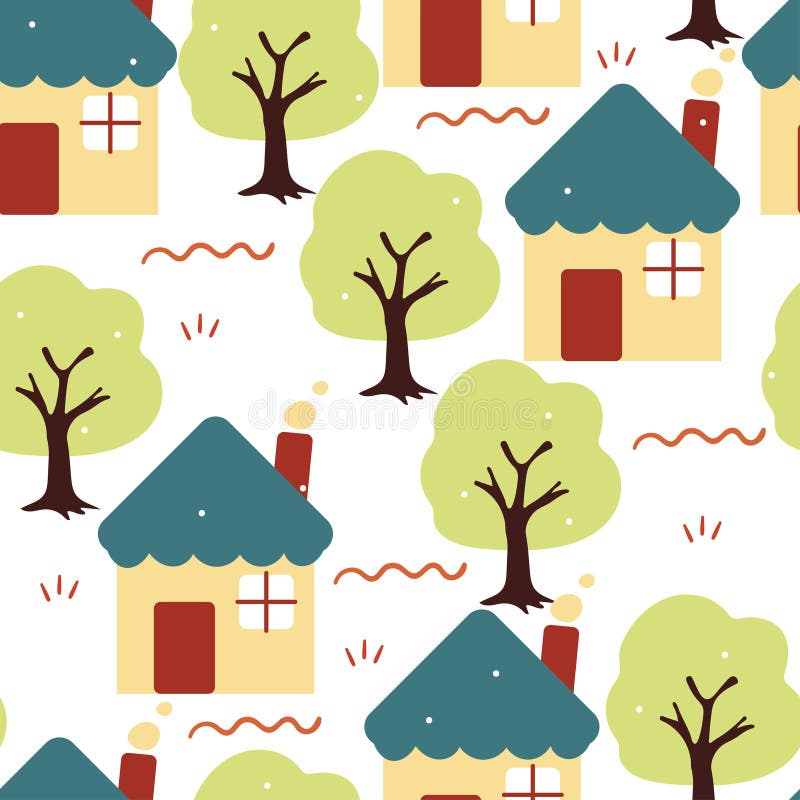 Cute Seamless Pattern Little House with Tree and Plant Stock ...