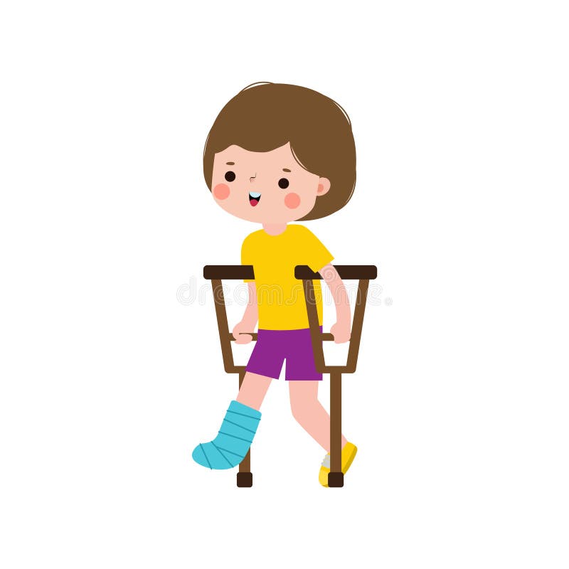 Kid Injured with Broken Leg in Gypsum. Little Children Standing on ...