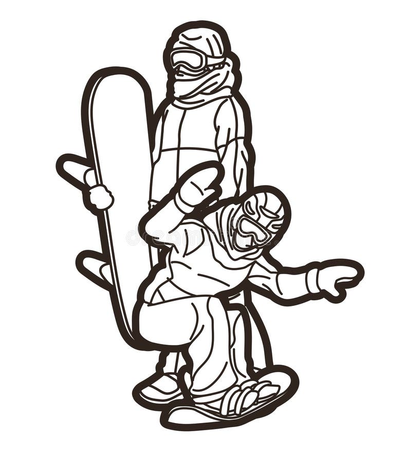Snowboard Players Mix Action Snowboarder Pose Extreme Sport Cartoon ...