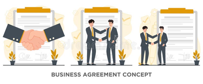 Business Agreement Concept with Set of Handshake and Contract Vector ...