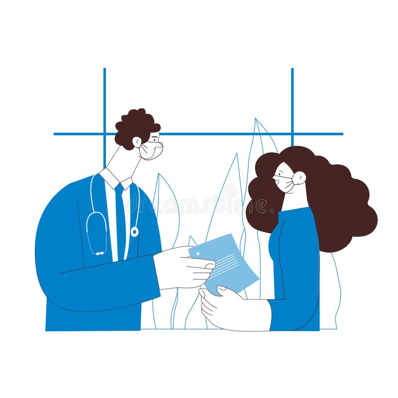 Male Medical Specialist and Female Patient Holding in Masks Paper Sheet ...