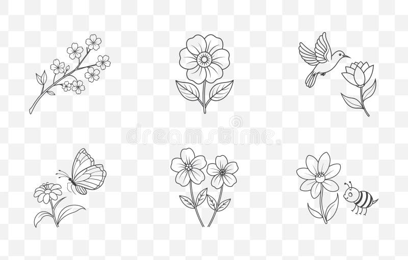 Print Violet Flower Line Art Vector Collection of Detailed Floral ...