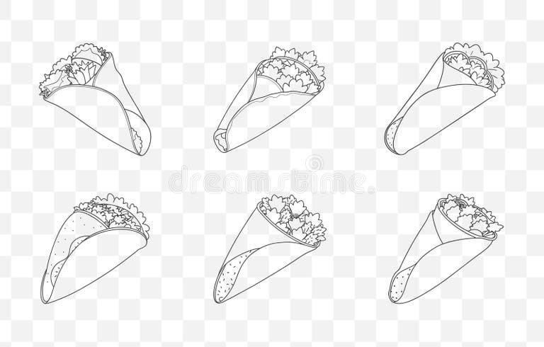 Print Burrito Line Art Vector Set with Various Burrito Illustrations ...