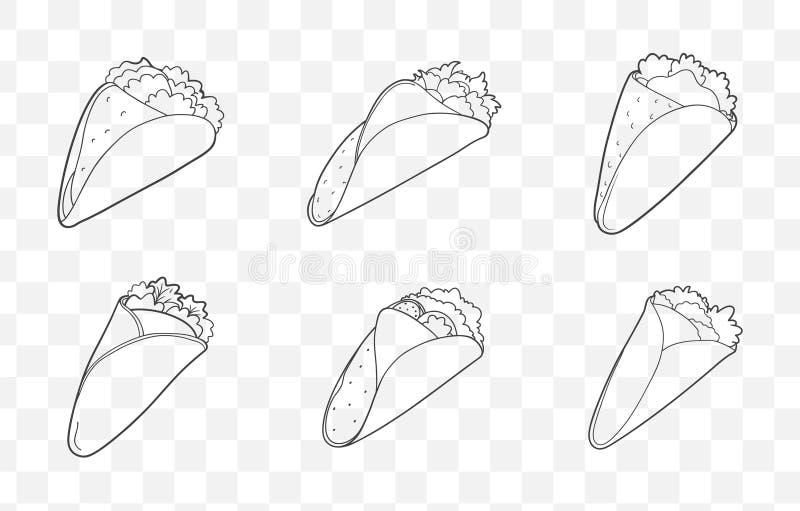 Print Burrito Line Art Vector Set with Various Burrito Illustrations ...