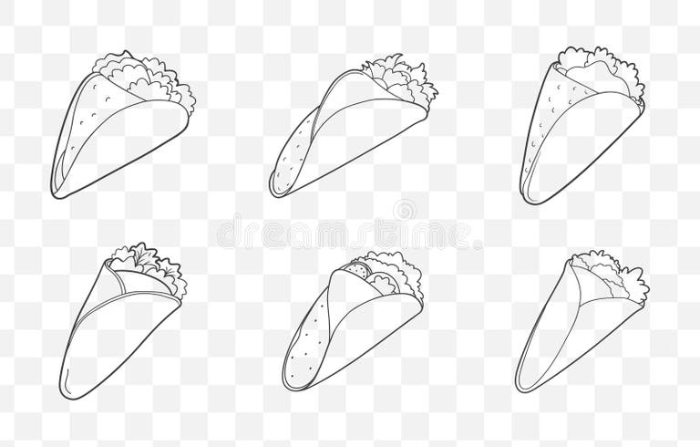 Print Burrito Line Art Vector Set with Various Burrito Illustrations ...
