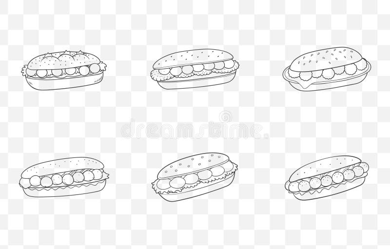 Print Detailed Meatball Sub Line Art Vector Set with High Quality ...