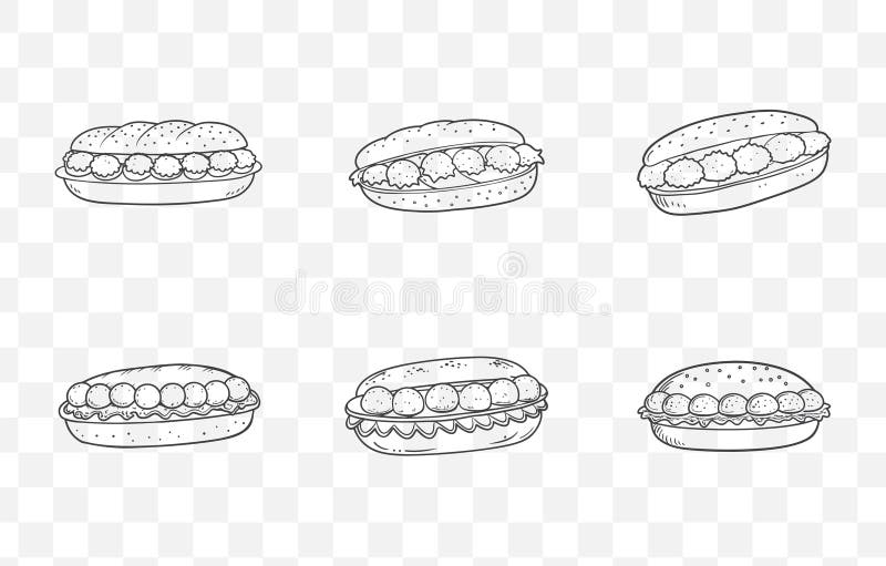 Print Detailed Meatball Sub Line Art Vector Set with High Quality ...