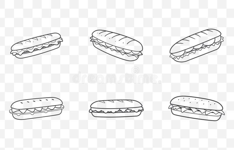 Print Submarine Sandwich Line Art Vector Set Detailed and Creative ...