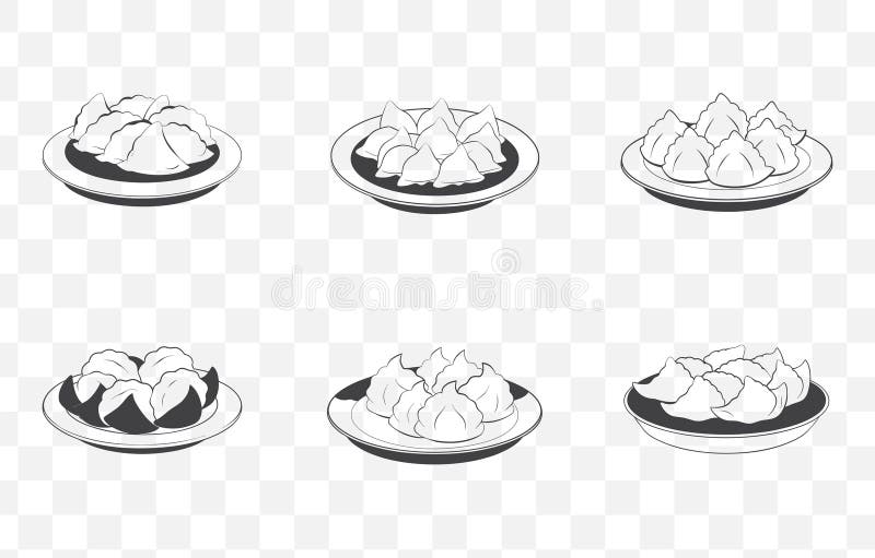 Print Potstickers Dumplings Line Art Vector Set Traditional Asian Food ...